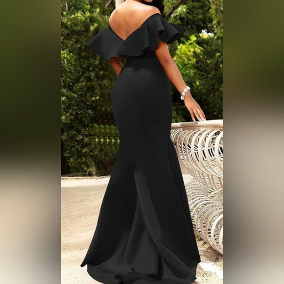 Lagshian | Dresses | Lagshian Long Black Off Shoulder Ruffle Sleeve ...